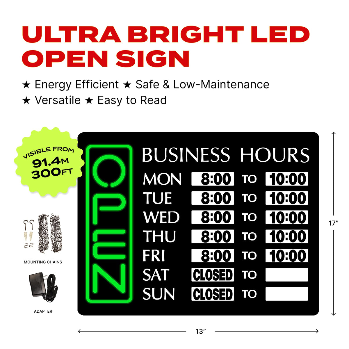 Pro-Lite 17" x 13" Horizontal LED Open Sign with Business Hours
